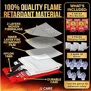 JJ Care Fire Blanket – 5 Packs with Hooks – Emergency Fire Blanket for Home & Kitchen, High Heat Resistant Fire Suppression Blankets for Home Safety, Kitchen, and Camping