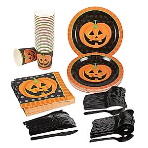 Juvale 144-Piece Halloween Plates and Napkins Party Supplies with Pumpkin Cups and Cutlery, Fun Themed Halloween Party Supplies Set for Celebrations with Friends and Family (Serves 24)