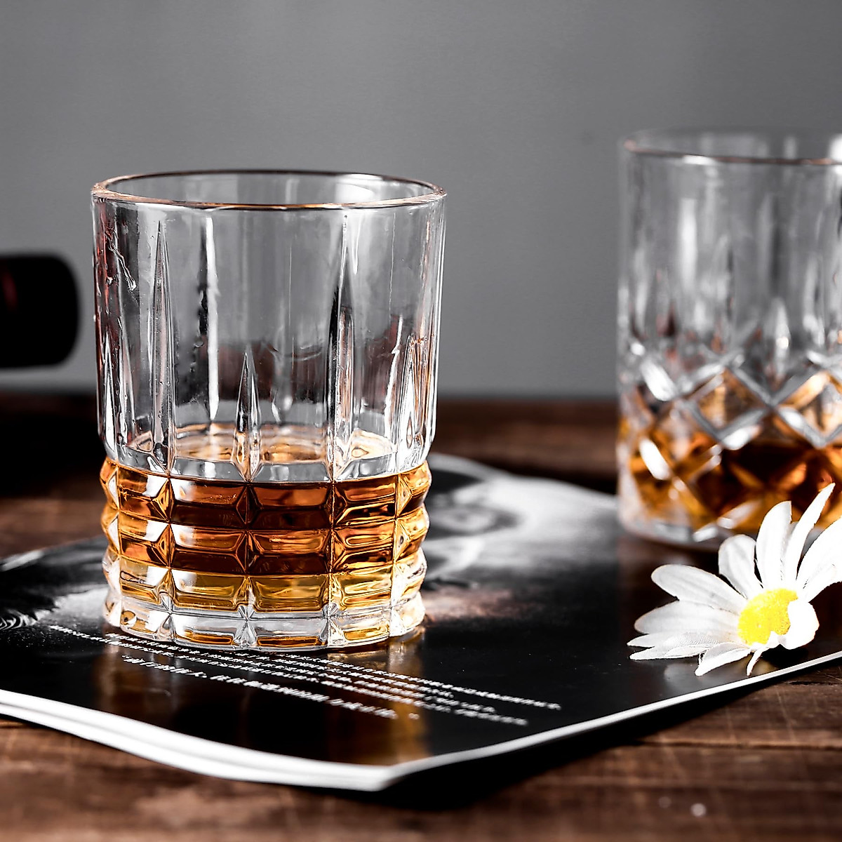 Old Fashioned Whiskey Glasses Set of 6, 11 Oz Unique Bourbon Glass, Old Fashioned Liquor Vodka Bourbon Cocktail Scotch Tumbler Bar Glasses Set