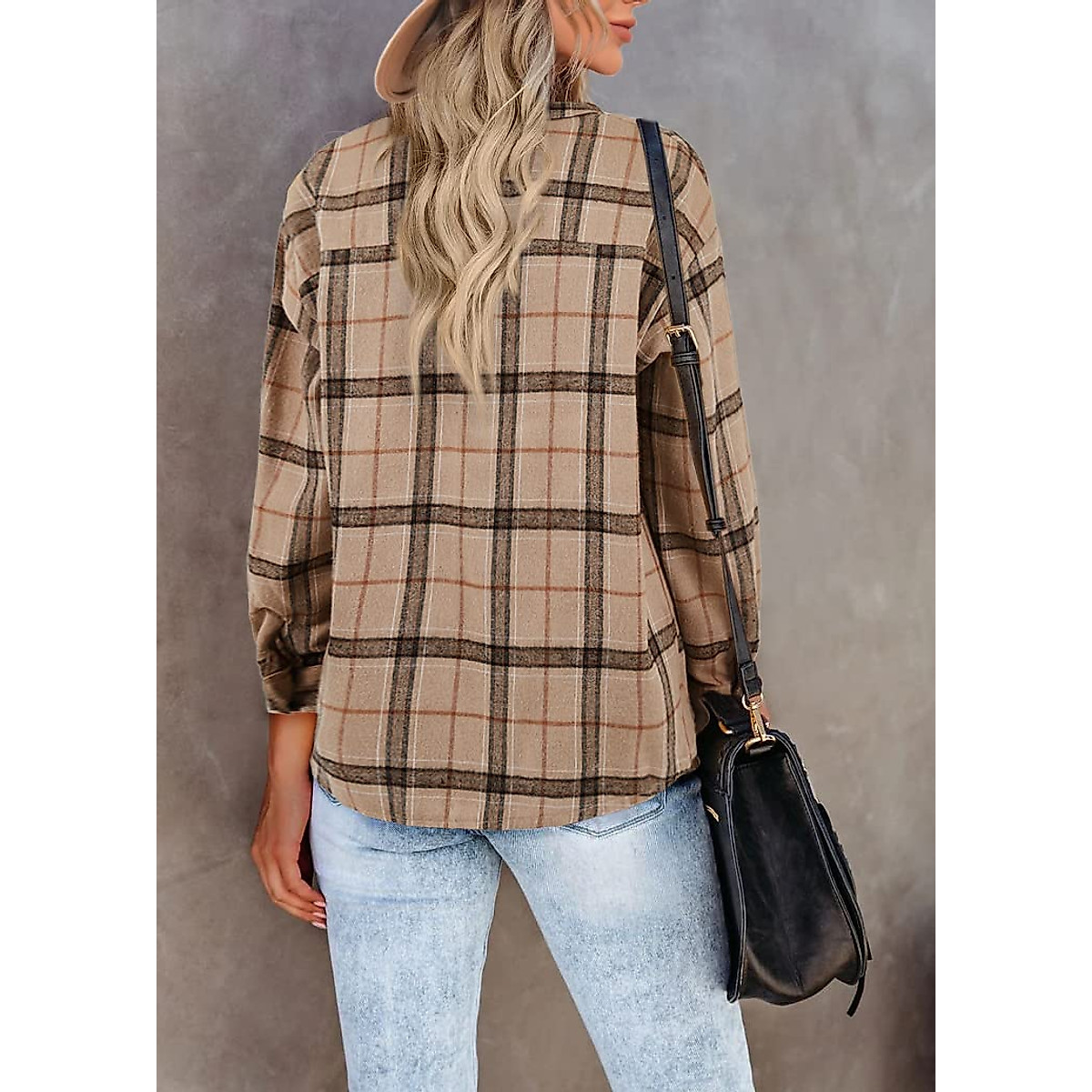 Womens Long Sleeve Flannel Shirts Plaid Flannels Lapels Collared Button Down Shacket Casual Rolled Up Boyfriend Blouse Tops Khaki
