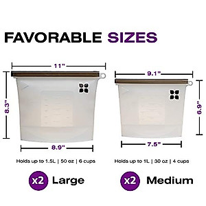 Silicone Bags Reusable | Eco Friendly | Sous Vide, Sandwich Bags, Snacks, Lunch Containers, Fruit, Vegetables | Great Meal Prep Containers & Food Storage Containers | 2 Large 50oz + 2 Medium 30oz