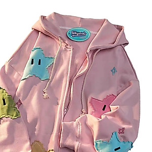 GOOCHEER Women 's Teen Girl Star Print Y2K Zip Up Hoodies Jacket Sweatshirt Cute Fall Jacket Hoodie Clothes (Pink, S)