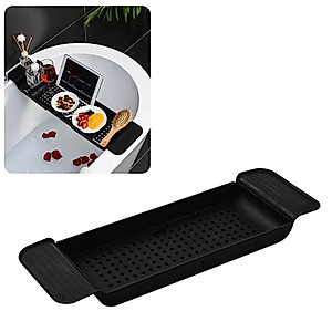 Expandable Bathtub Caddy Tray, Bath Bridge Tray Drain Bath Shelf Caddy Tray Plastic Bathtub Tray Book Phone Pad Holder Plastic Drain Bath Tub Tray Table Bath Shelf Tub Board Organizer Trays(Black)