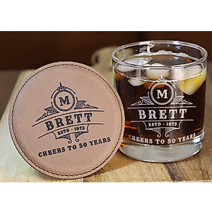 Personalized Whiskey Glass with Matching Custom Coaster - Custom Engraved Whiskey Glasses for Men 50th Birthday Gift for Whiskey Drinker Personalized Bar Accessories