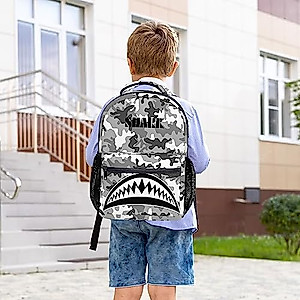Cbntnaf Shark Camo Backpack for Women Men, Gray Camo Shark Teeth Print Bookbag for Boys Girls, Large Capacity Lightweight Backpack for School Work Camping Hiking