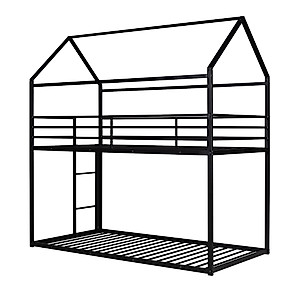 LostCat Twin Over Twin Metal Bunk Bed, House Low Bunk Bed Frame w/Safety Guardrail & Ladder, No Box Spring Needed, SEasy to Install, for Kids, Teens, Girls, Boys, Black