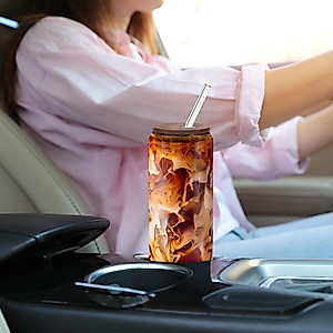 20 OZ Glass Cups with Acacia Lids and Glass Straws - 4pcs Set Beer Can Shaped Drinking Glasses, Iced Coffee Glasses, Cute Tumbler Cup for Smoothies, Juices, Boba Tea, Water - Cleaning Brush Included