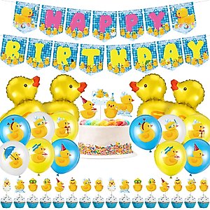 Leitee 57 Pcs Duck Birthday Decorations Latex Duck Balloon Duck Shape Foil Balloon Happy Birthday Garland Banner Duck Cake Topper Cupcake Topper Duck Decor Rubber Duck Themed Party Supplies (Novel)