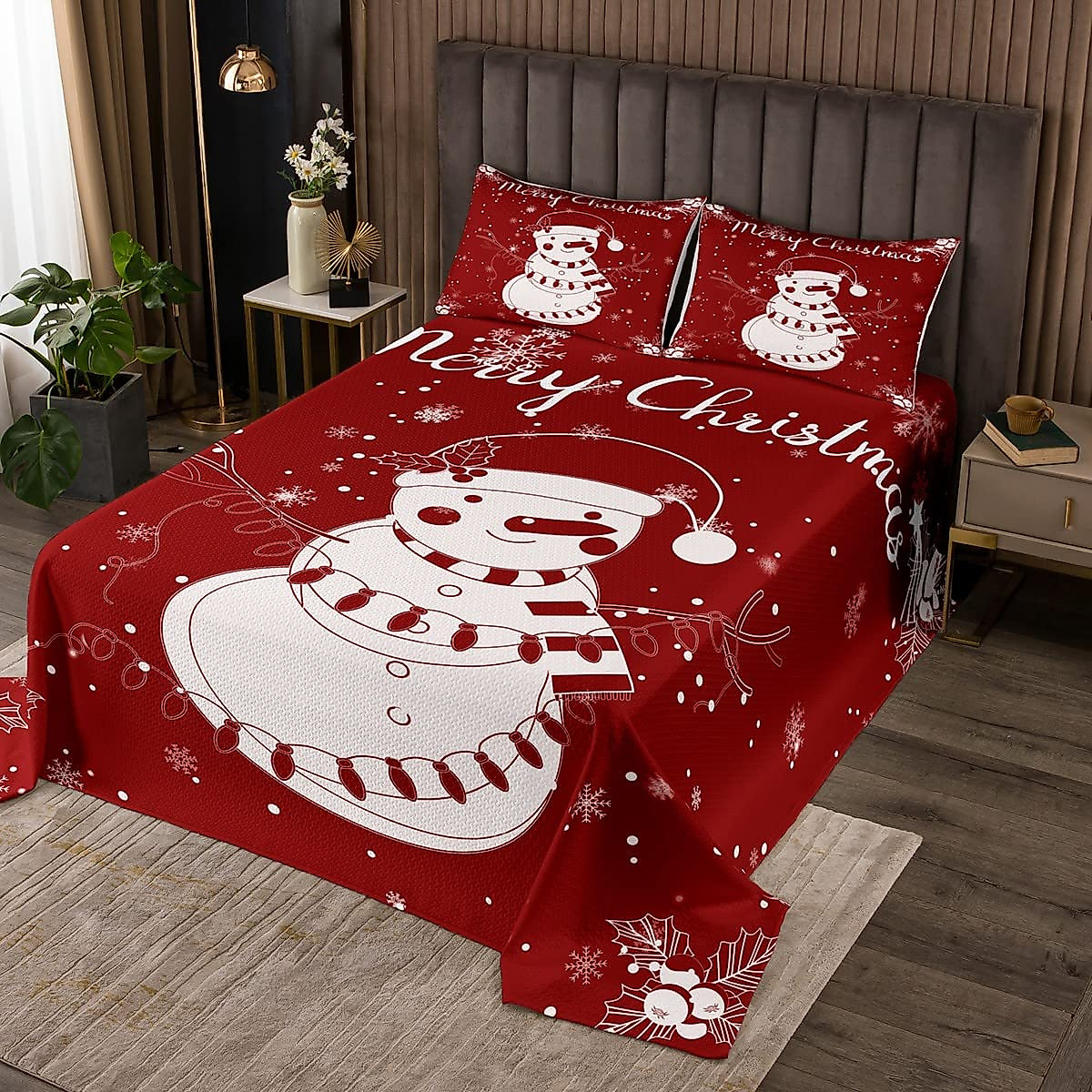 Homewish Cute White Snowman Bedding Set King Size,Merry Christmas Red Bedspread 3pcs for Kids Boys Girls Bedroom Gift,Fantasy Snowflake Comforter Set New Year Xmas Decor Quilt Set,2 Pillowcases