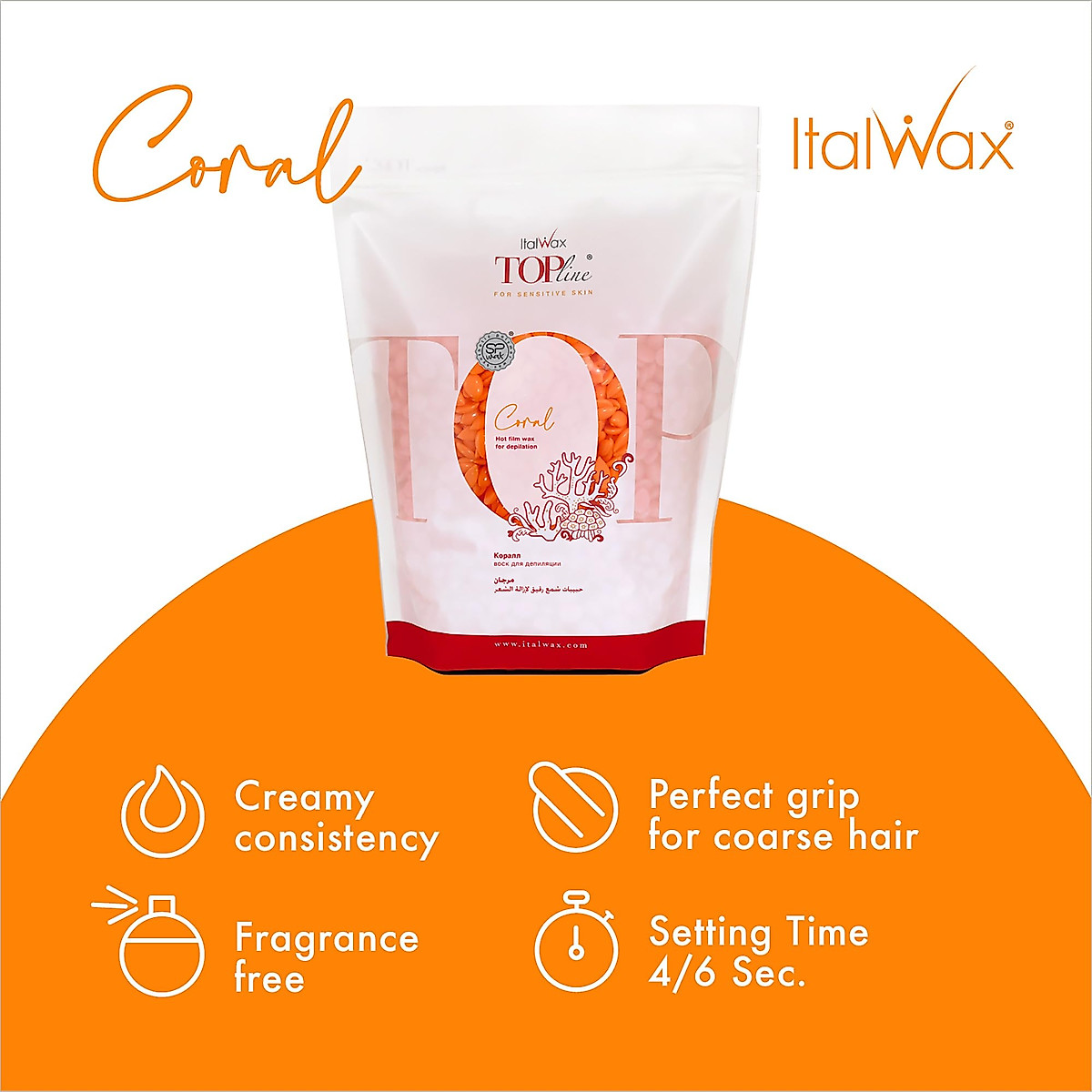 Italwax Top Line Coral - 750g / 1.65lb - Hard wax beads for hair removal - Unscented - Synthetic formulation ideal for sensitive skins - Recommended for Bikini Area and Armpits