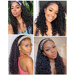 Alicoco Headband Wig Curly Headband Wigs for Women 180% Density Water Wave Glueless Wig Synthetic half Wig with Headbands Attached (26 Inch, 1B)