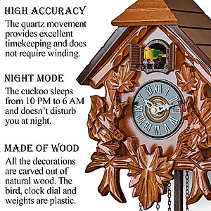 TIMEGEAR Cuckoo Wall Clock with Night Mode in Traditional German Style with Carved Squirrels (Cherry)