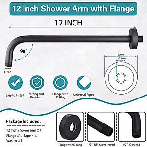 12 Inch Shower Arm with Flange,Stainless Steel 90 Degree Rain Shower Head Extension Arm,Wall-Mounted Shower Head Arm for Fixed Shower Head,Matte Black