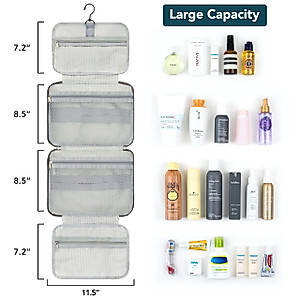 PAVILIA Hanging Toiletry Bag Travel Bag Women Men, Foldable Cosmetic Organizer, Roll up Makeup Bag, Water Resistant Accessories Toiletries, Large Travel Essentials Kit (Grey Floral)