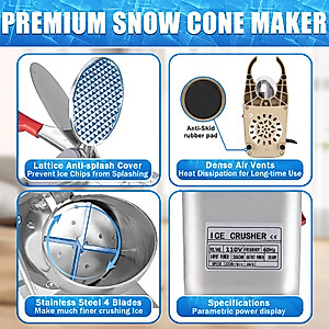 Ice Shaver Machine - Electric 4 Blades Ice Crusher Shaver, Stainless Steel Snow Cone Maker Shaved Ice Machine (300W 2200r/min) for Home & Commercial Use, Prevent Splash, with Ice Pick & Bowl