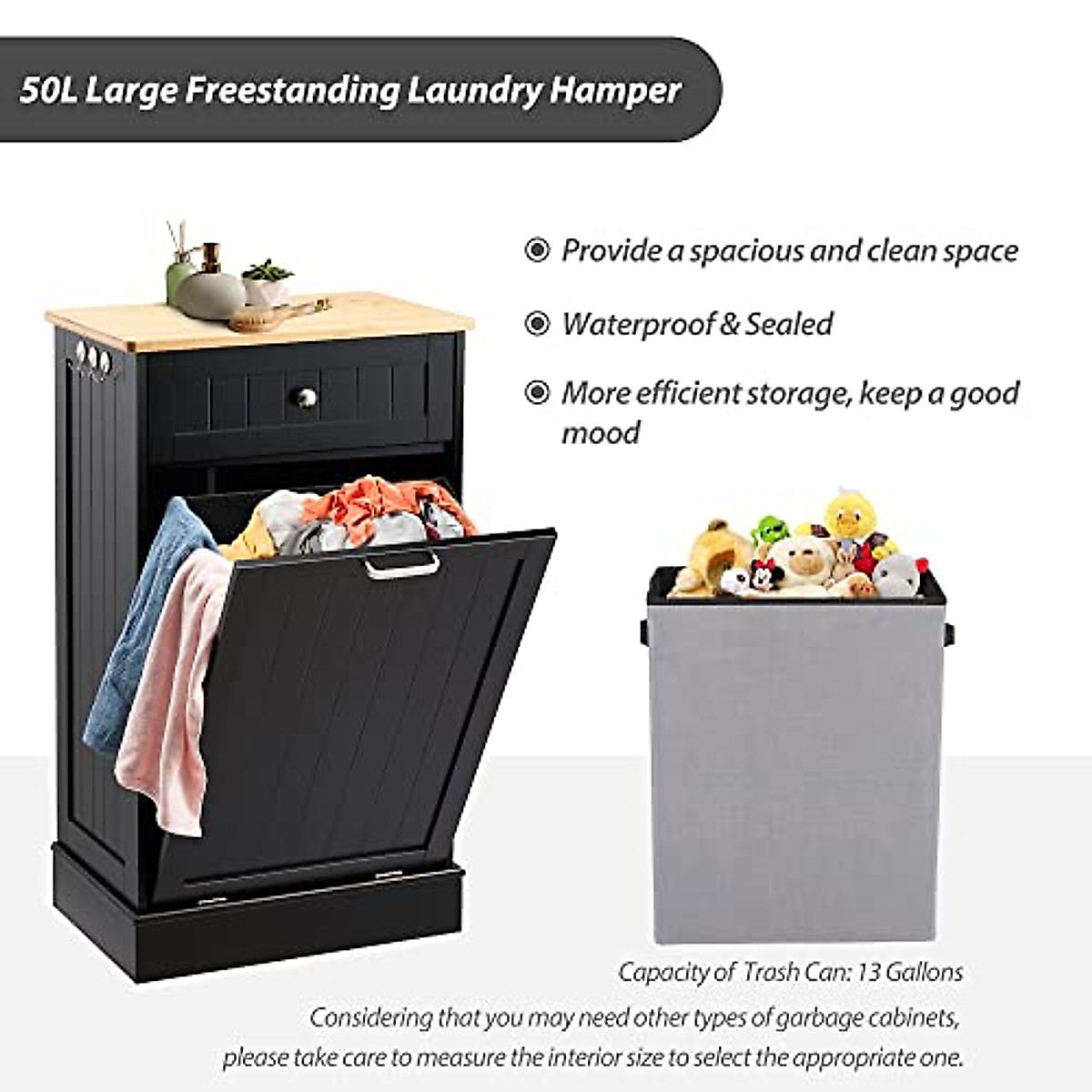 Spurgehom 13 Gallon Tilt Out Trash Cabinet Kitchen Waste Bins,Free Standing Laundry Hamper with Hideaway Drawer Wooden Bamboo Cutting Board Storage Bag,Pet Proof Trash Can for Living Room (Black)