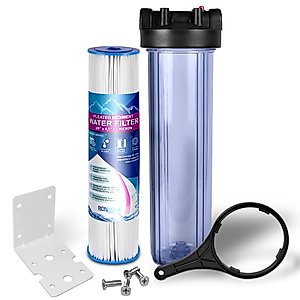 Whole House Water Filter System, Transparent 20 x 4.5" Housing, Presser Relief Button, 1” Inlet/Outlet Brass Port & 5 Mic Pleated Washable Sediment Cartridge Meets NSF Standards & Regulations (20”)
