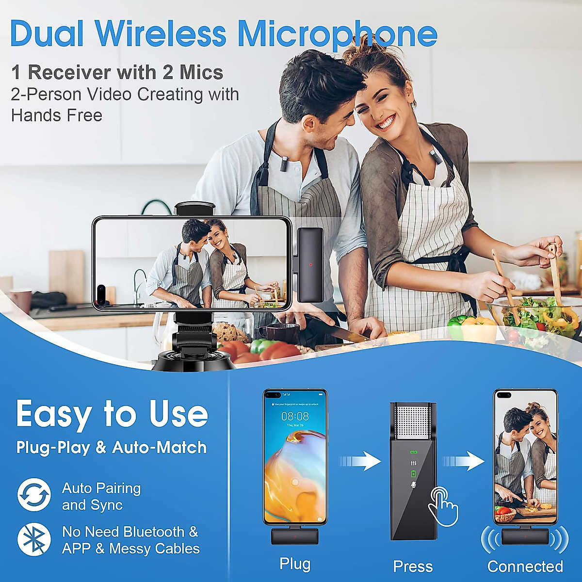 Wireless Lavalier Microphone for iPhone iPad Android, 2 Pack Mini Clip on Lapel Microphone Wireless with 600mAh Charging Case for Video Recording Interview YouTube Vlog Tiktok, 82FT, Plug-Play