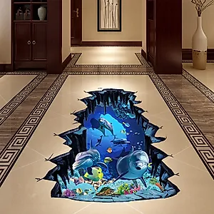 Ocean Dolphin 3D Floor Wall Decals, Under The Sea Marine Animal Wall Stickers, HOLENGS Underwater Sea Life DIY Wall Decor for Bathroom Kids Girls Baby Bedroom Classroom Nursery Decoration