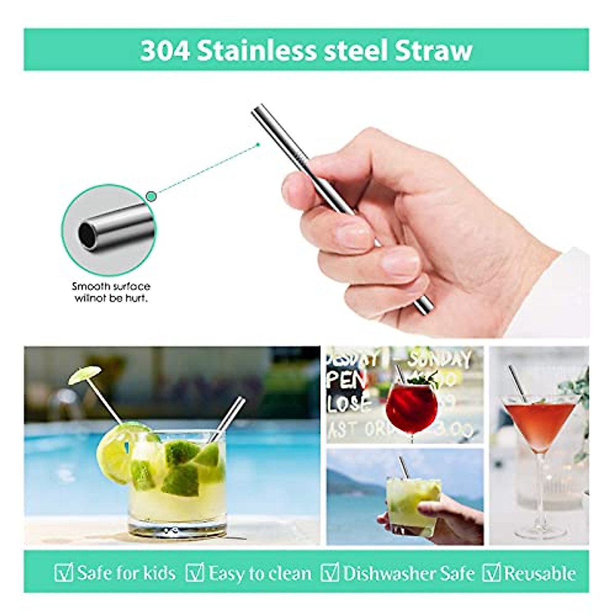 Teivio 12 Pack + Cleaning Brush, 5-inch Extra Short Reusable Stainless Steel Drink Straws for Cocktails, Small Glasses or Cups (Silver)