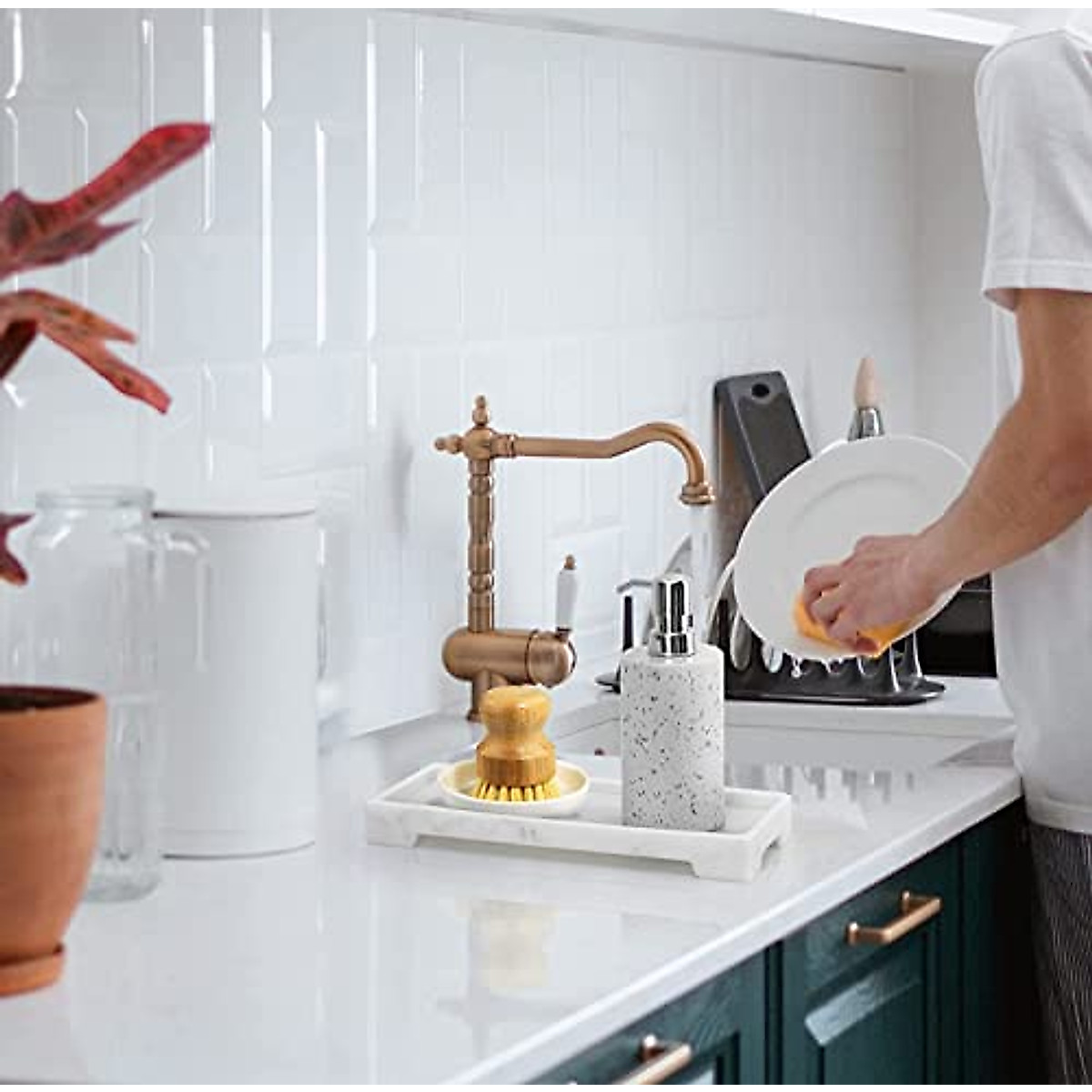 Luxspire Bathroom Vanity Tray, Toilet Tank Tray, Kitchen Sink Trays, 11" x 4" Resin Rectangle Bathroom Tray for Counter, Marble Tray for Soap Dispenser Perfume Jewelry, Small, White Marble