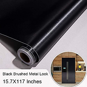 Self Adhesive Vinyl Black Brushed Metal Stainless Steel Look Contact Paper Wallpaper for Refrigerator Dishwasher Stove Oven Doors Appliances Kitchen Countertop Cabinets Furniture 15.7x117 Inches