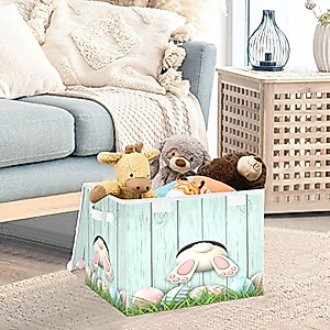 Storage Bins with Lids Foldable Storage Baskets Storage Cubes Collapsible Closet Organizer Containers with Cover Easter Bunny White Rabbit Eggs on Green Wooden for Home Office Organizer Closet, Shelv