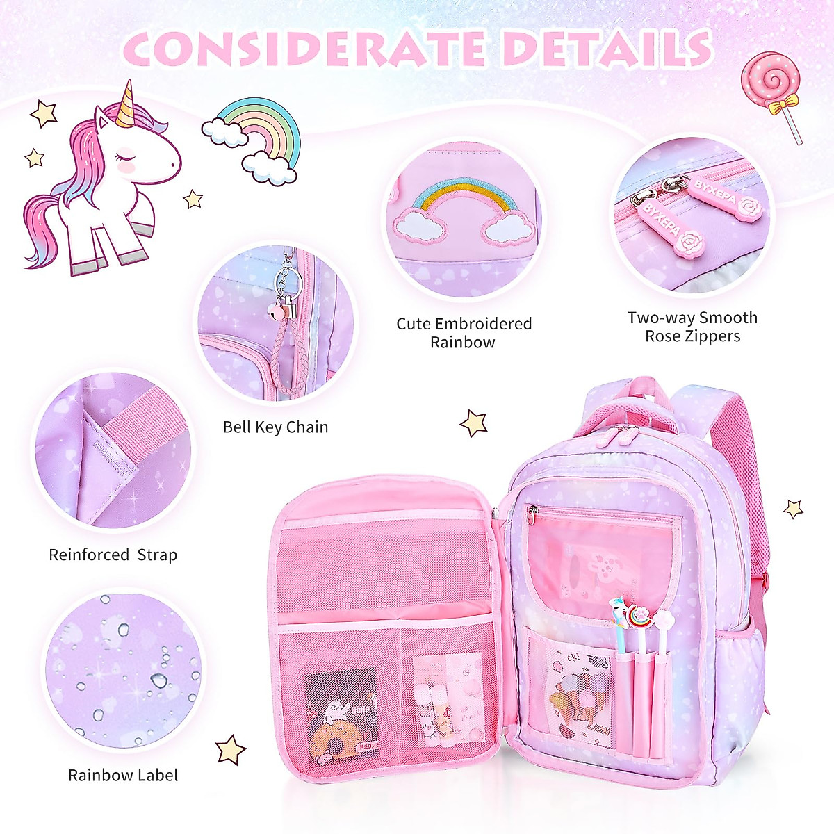 Backpacks for Girls, Kids Backpack School Bookbags with Insulated Lunch Box for School Elementary Girl, School Bag with Laptop Compartments, Galaxy Purple