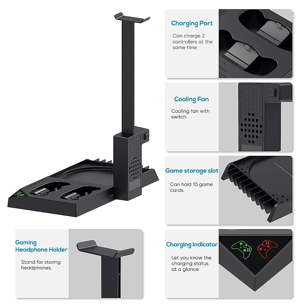 MENEEA Charging Stand with Cooling Fan, Controller Phone Foldable Clamp Holder for Xbox-Series X