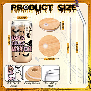 RimCereal 8 Pcs Halloween Drinking Party Glasses 16 oz Ghost Flower Glass Cup with Lid and Straw Spooky Can Shaped Beer Glass Skull Bat Mason Jar Glass Cups for Halloween Party Gift (Cute)