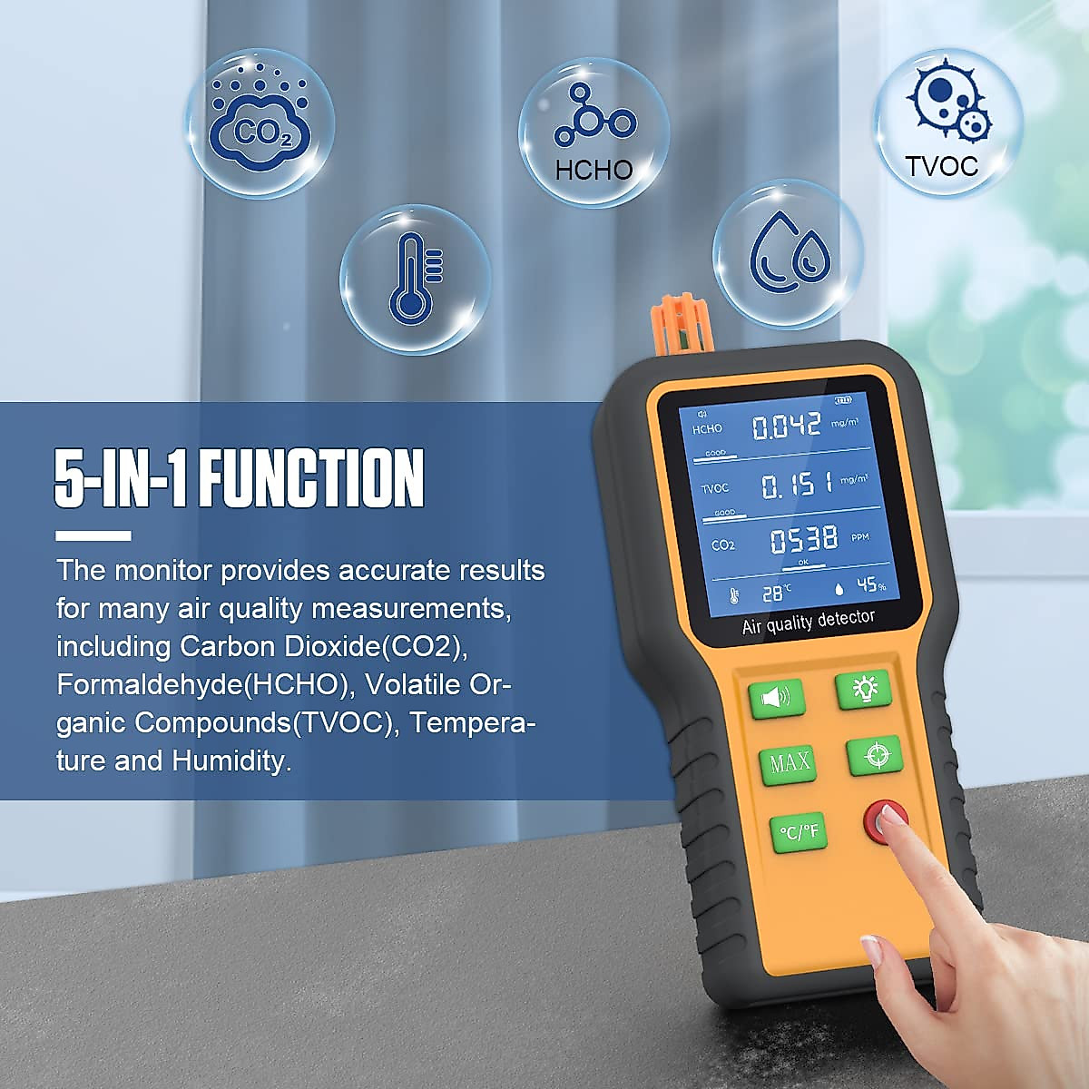 CMTOOL Air Quality Monitor Indoor Outdoor Home Air Quality Tester Analyzer CO2 Meter Portable Carbon Dioxide Formaldehyde Detector Testing Kit with Digital Temperature Humidity Sensor HCHO TVOC Test