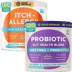 Dog Allergy + Probiotic Bundle - Anti-Itch Skin & Coat Supplement + Gut Health & Digestive Support - Omega 3 Fish Oil & Probiotics - Itching&Paw Licking + Upset Stomach Relief - 300 Chews -Made in USA