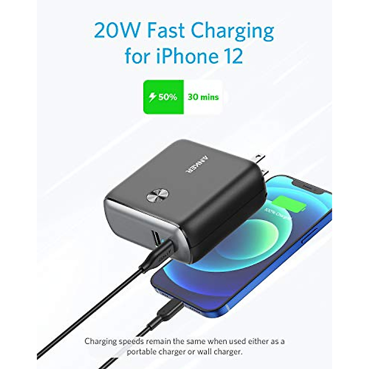 Anker PowerCore Fusion 10000, 20W USB-C Portable Charger 10000mAh 2-in-1 with Power Delivery Wall Charger for iPhone14/13/12 Series, iPad, Samsung, Pixel and More
