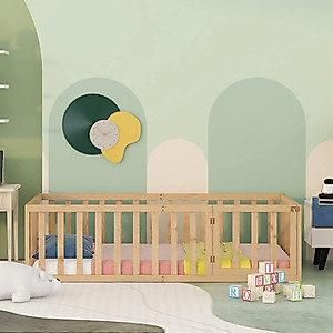 Bellemave Twin Floor Bed for Kids, Montessori Bed Frame with Fence-Shaped Guardrails and Door, Wooden Floor Twin Bed for Kids, Toddler, Boys Girls(Natural, Twin Size)