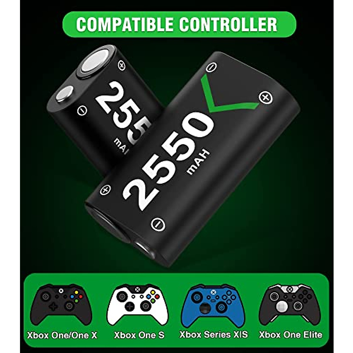 Mocagen Rechargeable Battery Pack for Xbox One/Xbox Series X|S Controller Battery, 2 X 2550mAh One S/Xbox X/Xbox Elite Batteries, 2 Pack-Green (Q08S-MG-US)