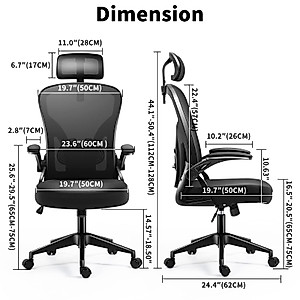 Darkecho Office Chair,Ergonomic Desk Chair with Adjustable Headrest and Lumbar Support,High Back Mesh Computer Chair with Padded Flip-up Armrests,Swivel Task Chair,Tilt Function,Black