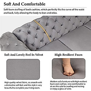 i-POOK 85.5" Chesterfield Sofa, Velvet Upholstered Sofa with Button Tufted Back and Sturdy Metal Legs, Modern Sofa Couch 3 Seater Sofa for Living Room Apartment Home Office, Gray