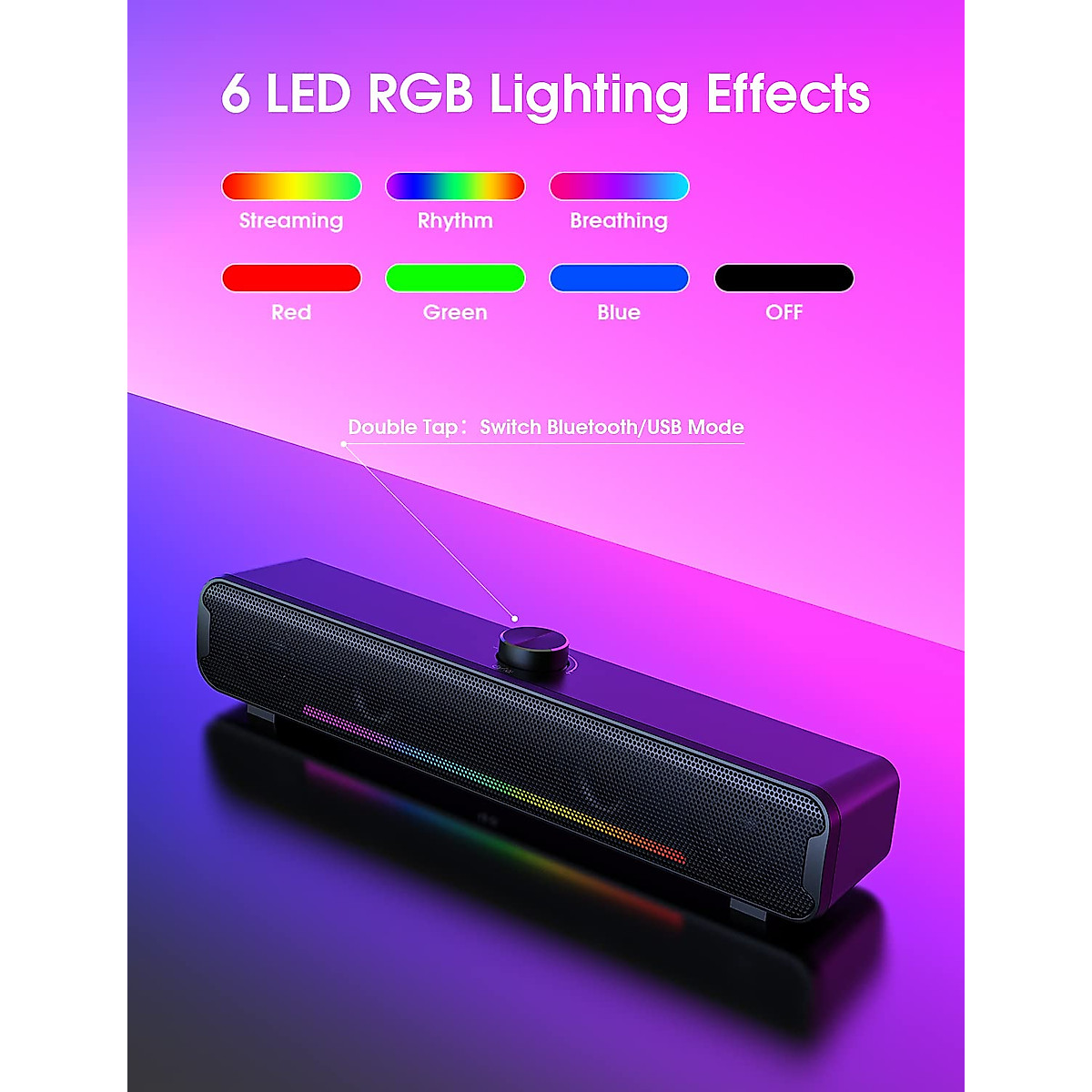 NOOTRY Computer Speakers, Bluetooth RGB Laptop SoundBar, 16W Dual HiFi Stereo with 6 LED Color Mode Soundbar, USB Powered Computer Speakers for Monitor, Phone, PC, Laptop