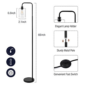 Isloys Floor Lamp, Industrial Floor Lamp with 2 LED Bulbs, LED Floor Lamp with Glass Shade, Modern Standing Lamp for Living Room Bedroom Office Farmhouse-Matte Black