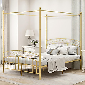 AUFANK Queen Size Canopy Bed Frame Four-Poster Metal Platform Bed with Headboard and Footboard Sturdy Heavy Duty Steel Slat Support No Box Spring Needed Gold