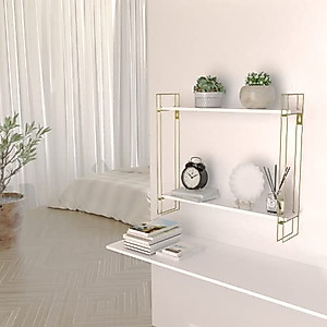 J JACKCUBE DESIGN White and Gold Floating Shelf, 2 Tier Wall Mount Shelves for Modern Wall Décor, Display and Storage for Living Room Bedroom, Bathroom, Kitchen -MK534A