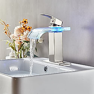 LOOPAN Waterfall Bathroom Faucet LED Light with Pop up Drain, 1 Hole Single Handle Bathroom Faucet Brushed Nickel with 3 Light Changing, Single Hole Deck Mounted Basin Tap Faucet