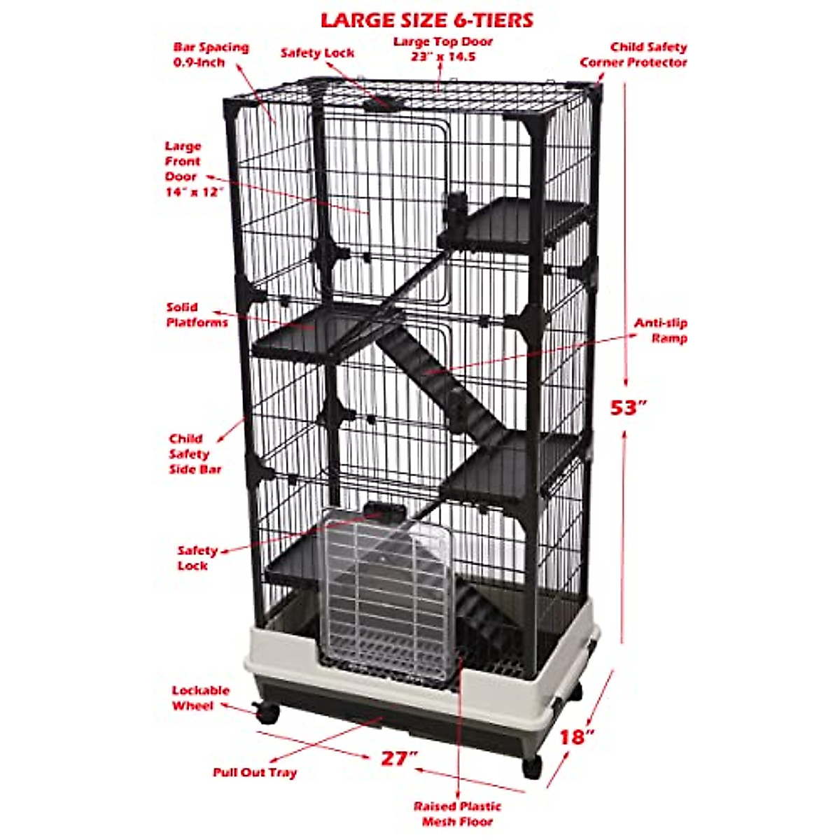 52-inch Deluxe and Spacious 5-Level Indoor Outdoor Ferret Chinchilla Guinea Pig Cage Rabbit Hutch Paw Safe Solid Platform Ramp Mesh Floor Leakproof Tray Large Access Doors (Black, 52-inch, 5-Level)