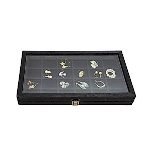 MOOCA Natural Wood Tempered Glass Top Jewelry Display Case Accessories Storage Box with Metal Clasp & Removable 24 Compartment Flocked Tray Liner, Wooden Jewelry Tray for Collectibles, Black