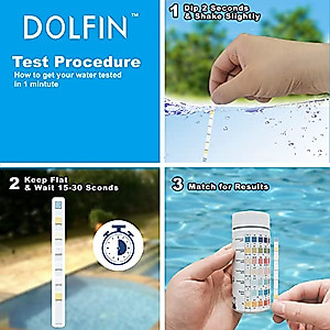 DOLFIN 7-Way Pool Test Strips, 150 Strips Water Chemical Testing for Hot tub and Spa, Accurate Test Bromine, Total Alkalinity, pH, Free Chlorine, Total Hardness, Cyanuric Acid, and Total Chlorine
