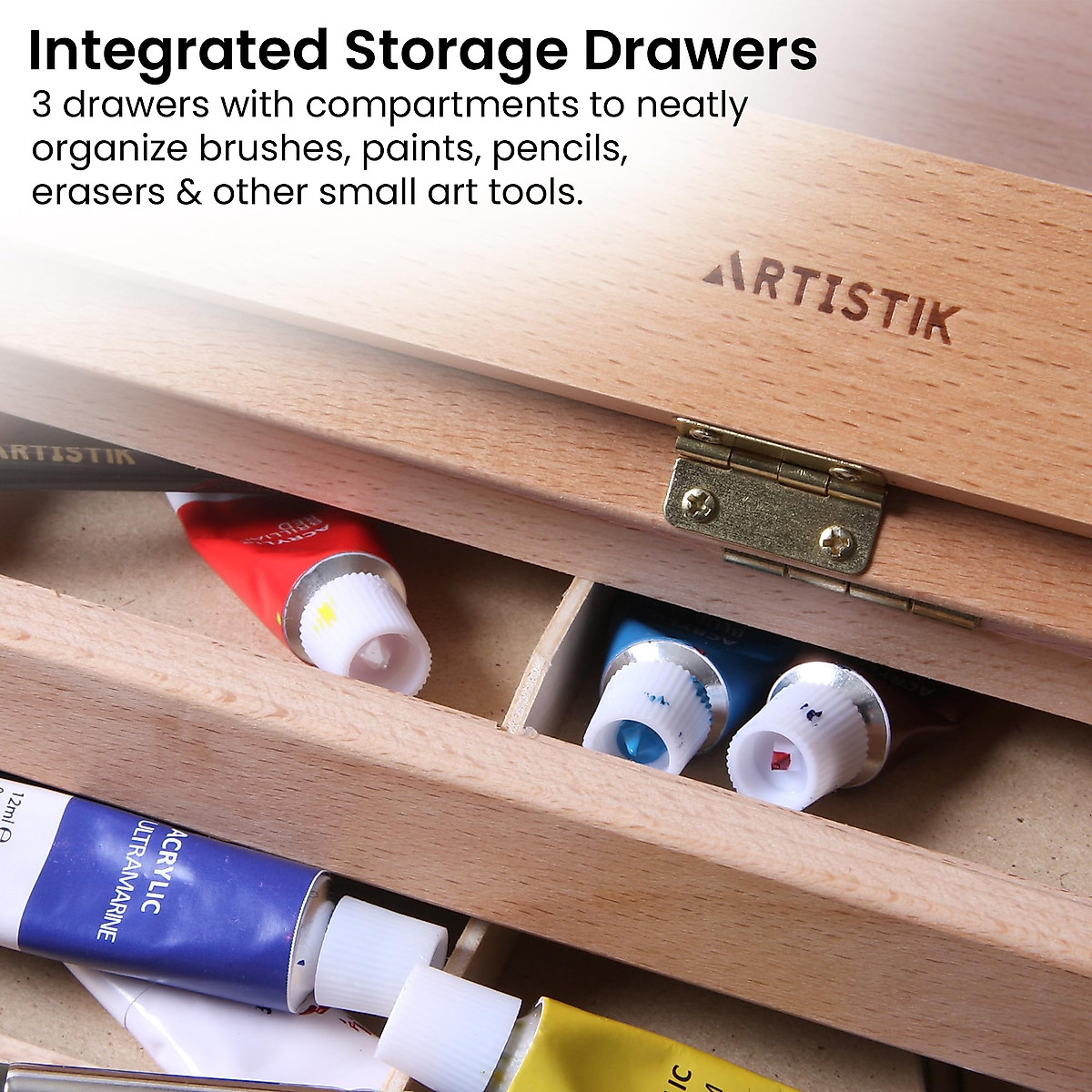 Wood Desk Table Easel - Handcrafted Beechwood Desktop Easel & Wooden Art Tabletop Box for Drawing, Painting, and Sketching with 3 Front Drawers for Supplies Storage