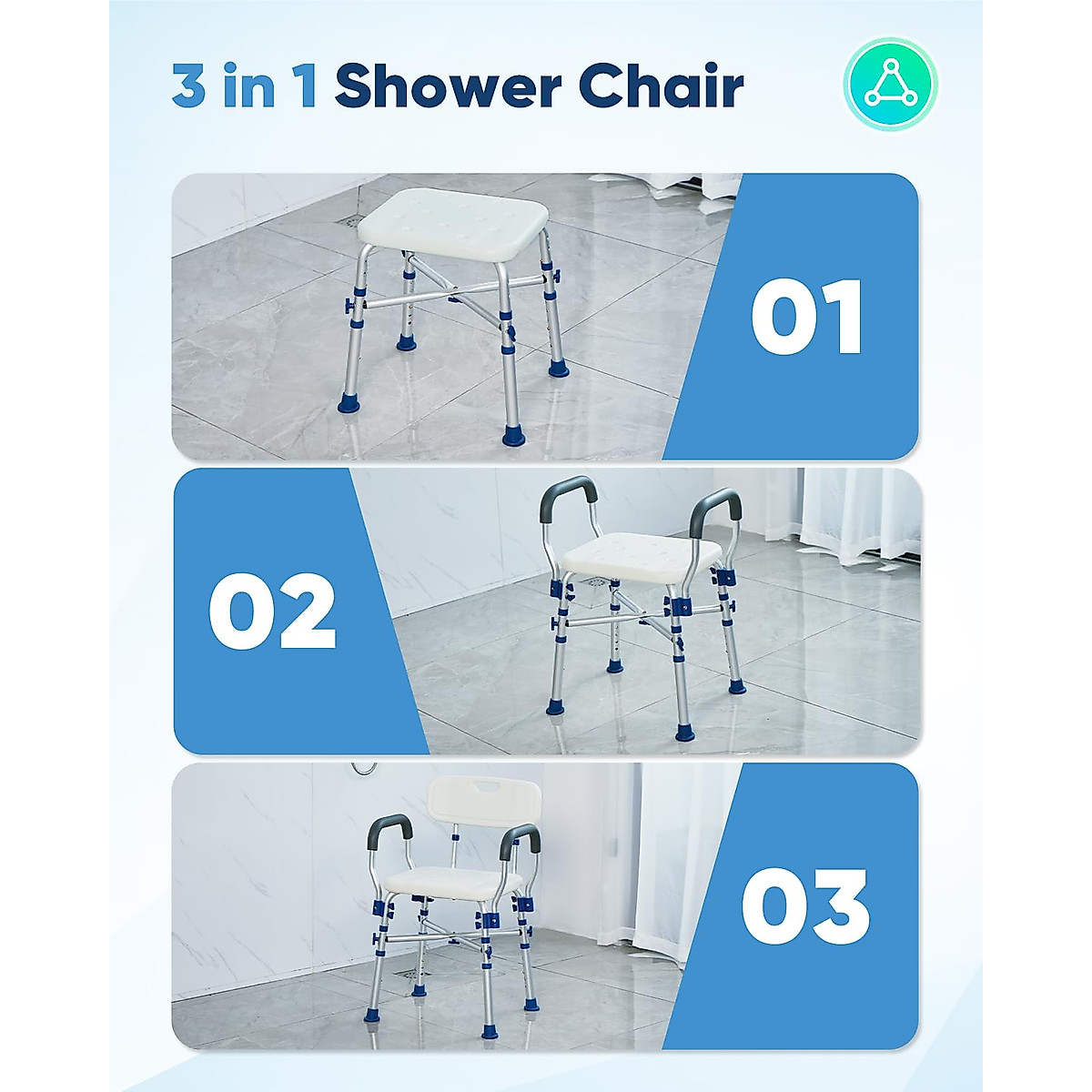 Zler Shower Chair with Arms and Back 500lbs, Heavy Duty Shower Seat for Inside Shower, Medical Adjustable Bath Seat for Bathtub, Anti-Slip Shower Stool for Elderly Handicap & Bariatric