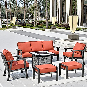 ovios Patio Furniture Set 6 PCS All Weather Outdoor Wicker Rattan Sofa Set with Fire Pit Table Ottomans High Back Sofa Thick Cushion Garden Backyard Porch (Orange Red)