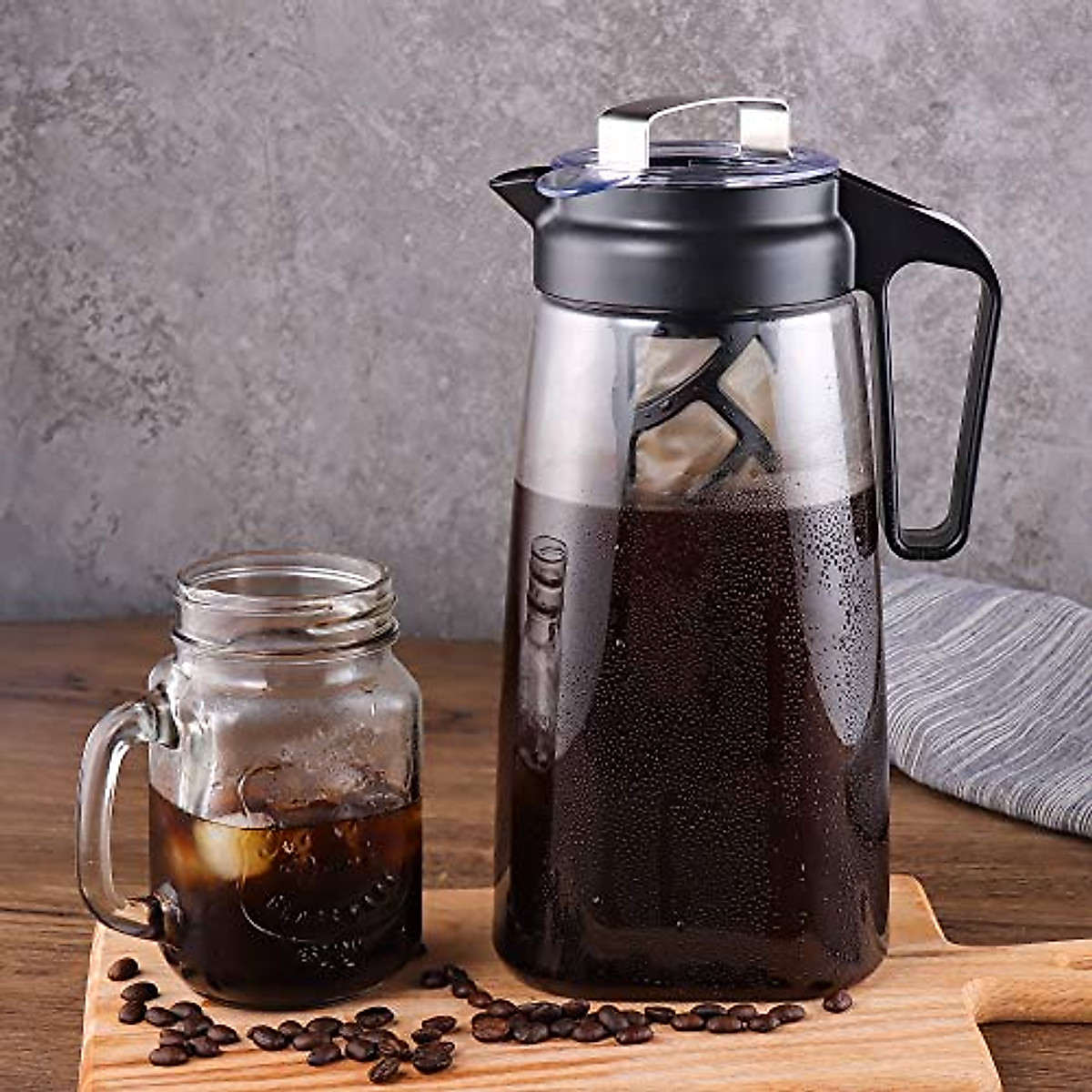 Sivaphe 2 Quart Cold Brewer Coffee Maker Deluxe Patented Manual Iced Loose-Tea Method 64oz Leak Proof Coffee Pitcher with 2 Removable Finish-Mesh Filters