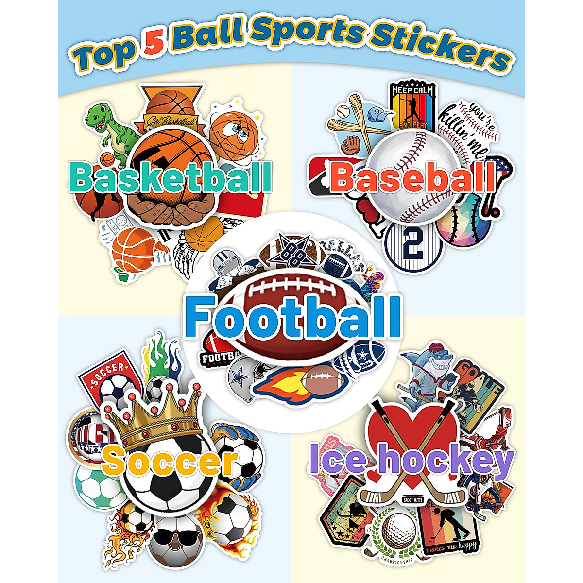 pcnearty 300 Pcs Sport Stickers for Kids, Water Bottle Stickers, Cute Vinyl Waterproof Hydroflask Phone Skateboard Laptop Stickers, Bulk Sticker Packs for Boys Girls Teens Adults